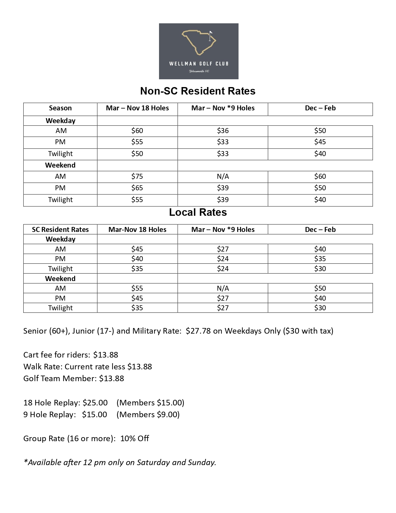 Rates - The Wellman Club